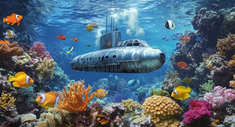 A Submarine is Exploring a Vibrant Coral Reef Teeming with Exotic Fish ...