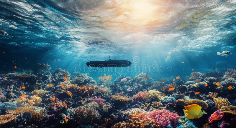 Submarine Exploring Vibrant Coral Reef Underwater Surrounded Colorful ...