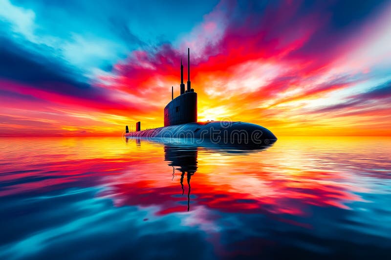 A Submarine Floating in the Ocean at Sunset Stock Illustration ...