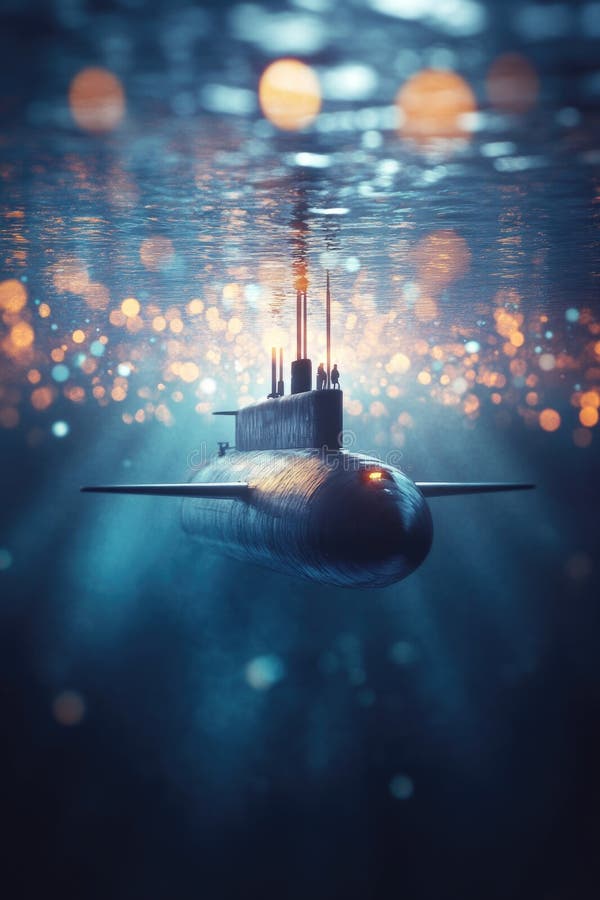 A Submarine Floats in the Ocean at Night with Its Lights Shining Bright ...