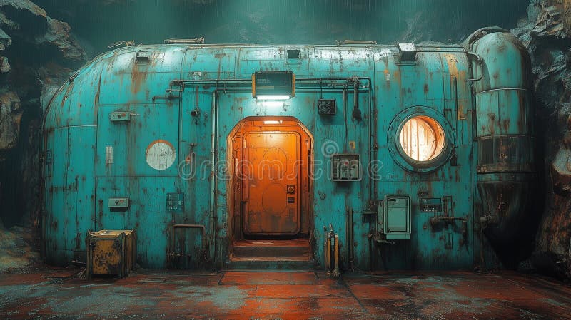 Submarine Interior with Blue Walls and Orange Light Shining through a ...