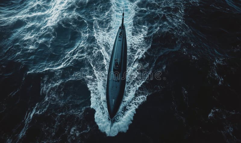 Submarine Navigating through Dark Ocean Waters, Creating Waves and ...