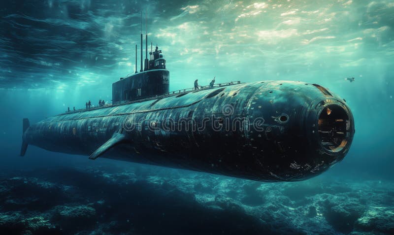 Submarine Navigating Deep Ocean Waters with Crew on Deck and Underwater ...