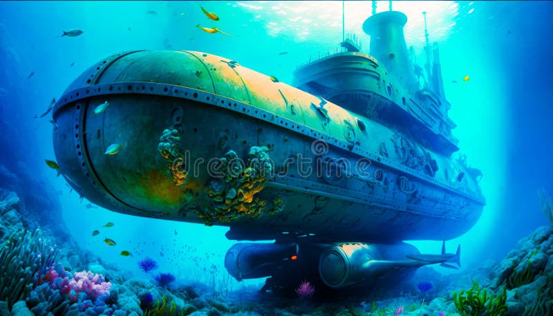 Submarine in the Ocean Surrounded by Coral and Fish. Generative AI ...