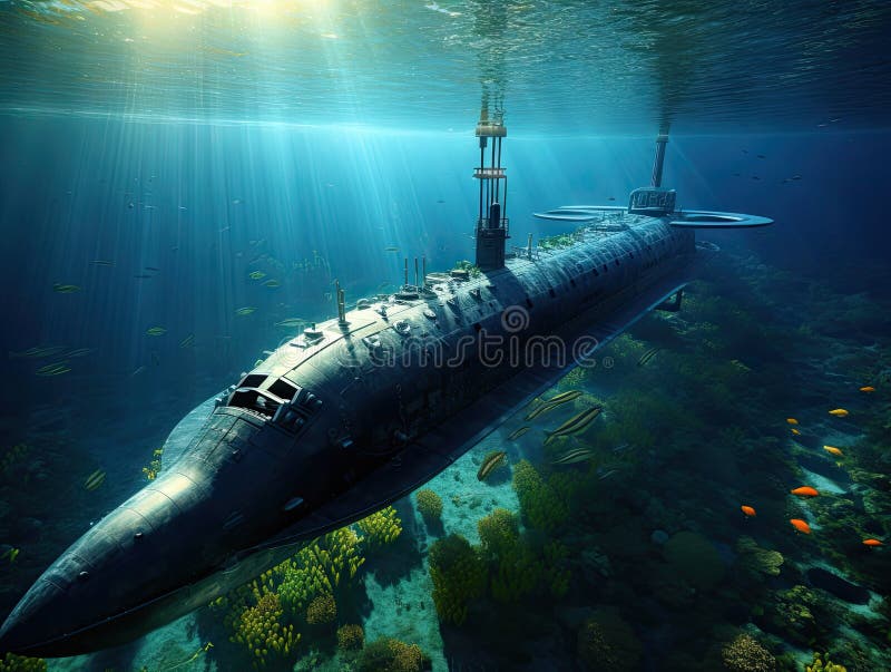 Submarine in the Open Ocean, Sun Shining Stock Illustration ...