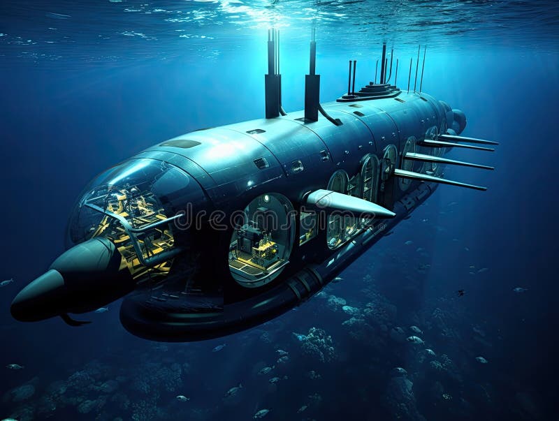Submarine in the Open Ocean, Sun Shining Stock Illustration ...