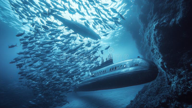 Submarine Passing a School of Giant Fish. Stock Photo - Image of ...