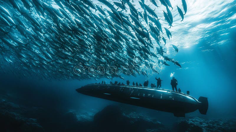 Submarine Passing a School of Giant Fish. Stock Photo - Image of animal ...