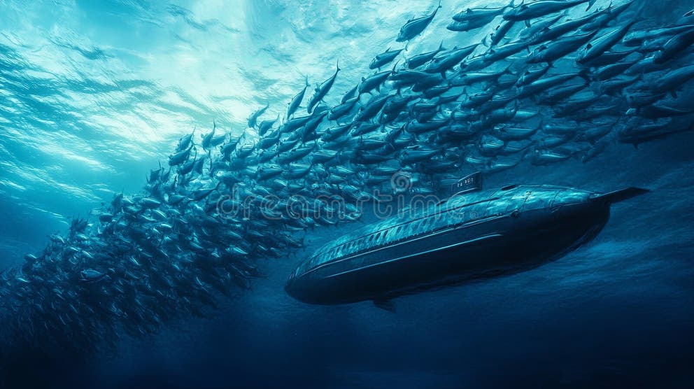 Submarine Passing a School of Giant Fish. Stock Photo - Image of ocean ...