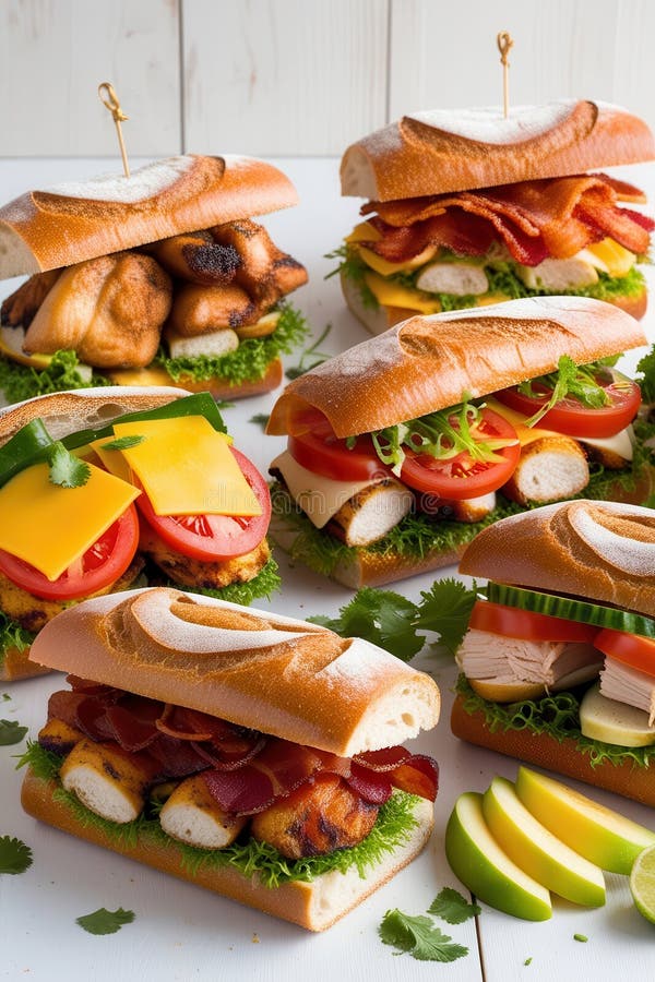 Submarine Sandwiches with Various Toppings on Cutting Board Stock ...