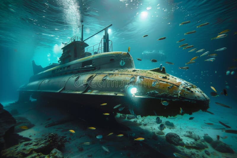 Submarine in Sea Reef with Surrounding Fish Underwater. Stock Image ...