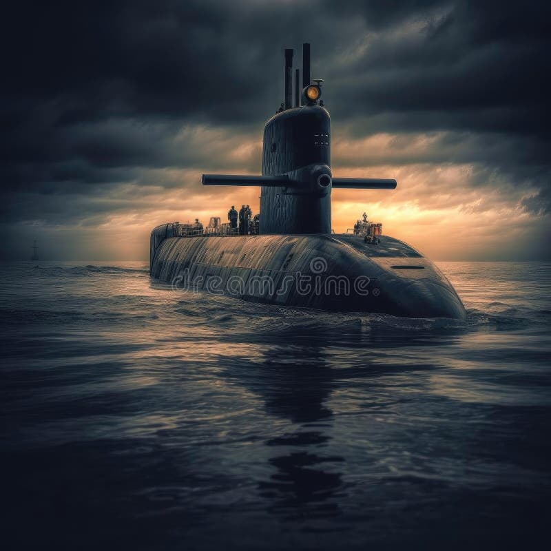 Submarine in the Sea at Sunset Stock Illustration - Illustration of ...
