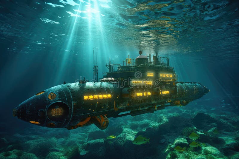 Submarine with Solar Panels Navigating Ocean Stock Illustration ...