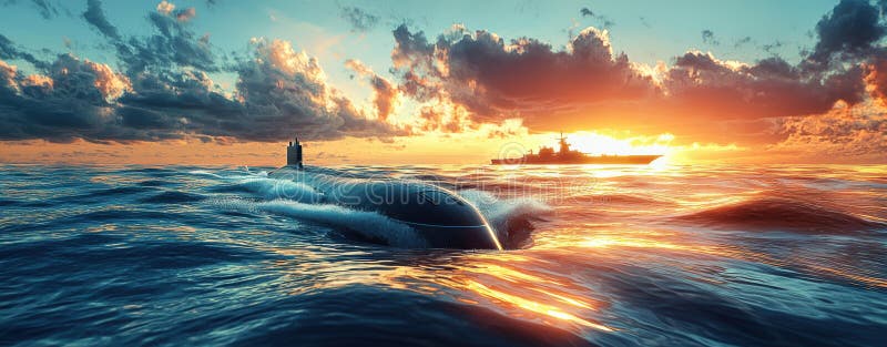 Submarine at Sunset with Warship in Background Stock Illustration ...