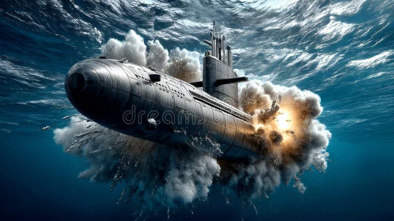 Submarine Surfaces Dramatically through Water with Explosive Power Under Ocean Waves Stock ...