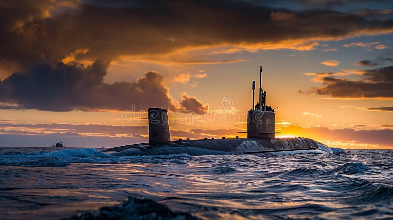 Submarine Surfacing at Sunset, Dramatic Sky Stock Illustration ...