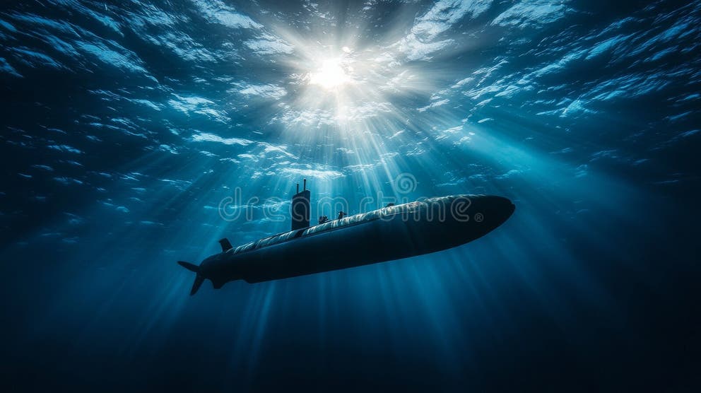 Submarine Under Ocean with Sun Rays, Dramatic Lighting. Exploration ...