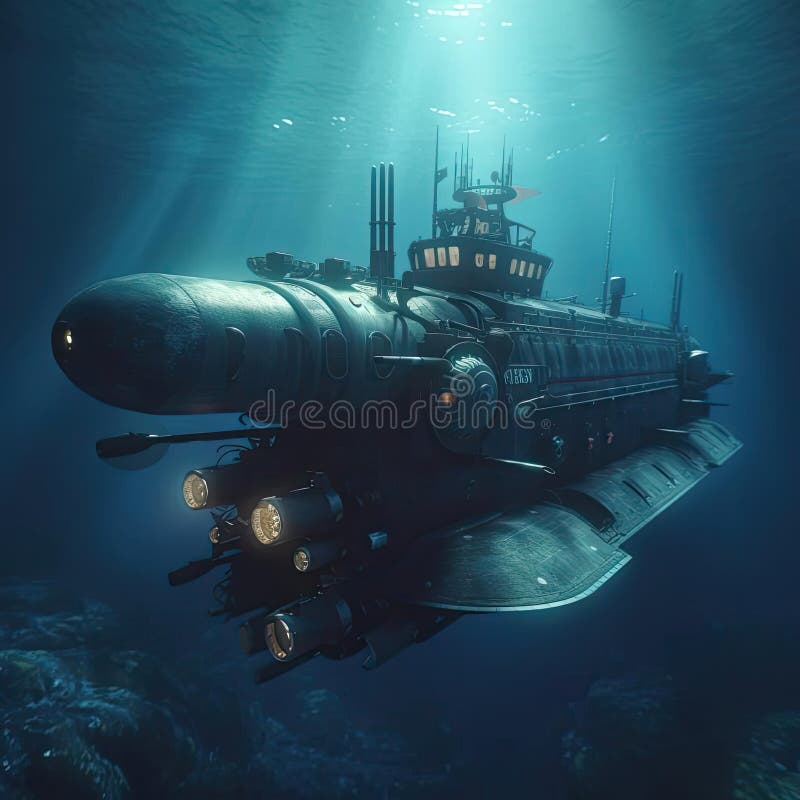Submarine Underwater in Deep Blue Sea - Science Fiction Illustration ...