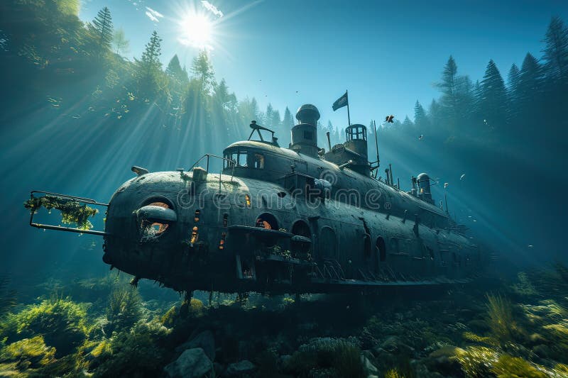 Old submarine underwater stock illustration. Illustration of technology ...