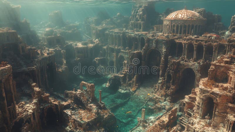 Submerged Ancient City Ruins Underwater Sunlight Stock Illustration ...