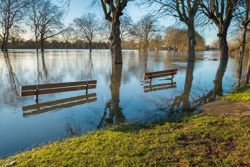 Submerged Benches on a Flooded Riverbank Stock Image - Image of england ...