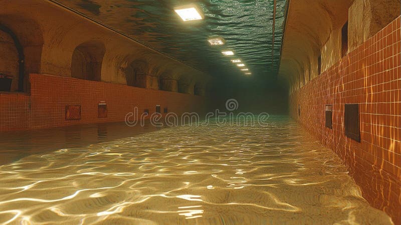 Submerged Brick Tunnel Underwater with Glowing Lights Stock Photo ...