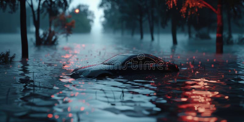 Submerged Car in a Flooded Forest. Created by Generative Artificial ...