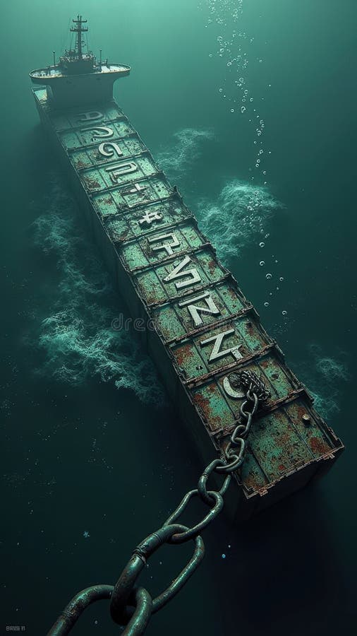 Submerged Cargo Ship with Rusted Containers and Heavy Anchor Chain ...