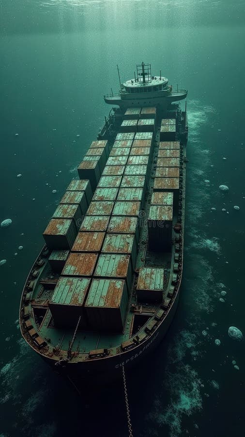 Submerged Cargo Ship Underwater with Rusty Containers in Ocean Depths ...