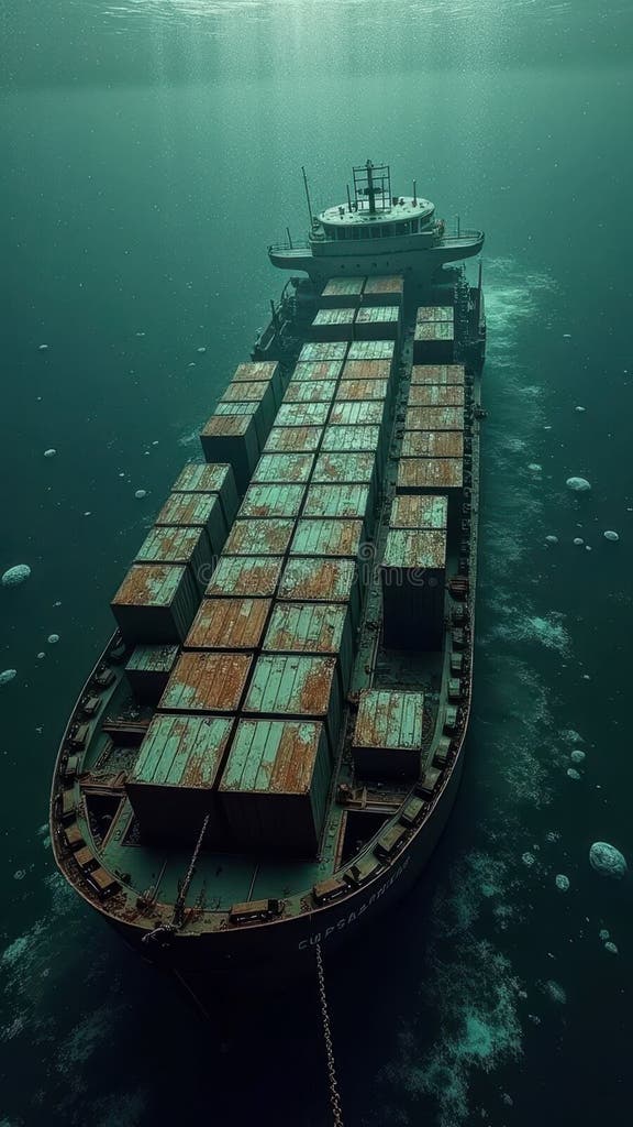 Submerged Cargo Ship Underwater with Rusty Containers in Ocean Depths ...