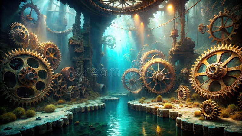 Submerged Clockwork Mechanism an Underwater Scene of Rusty Gears and ...