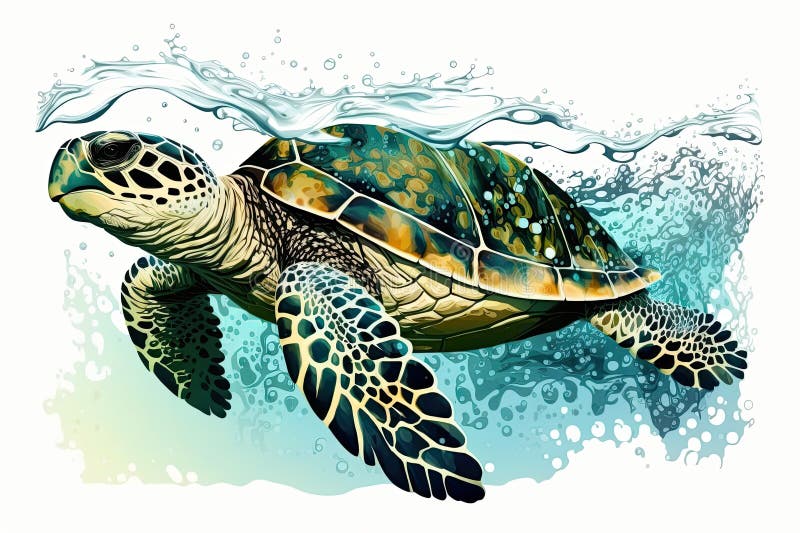 A Submerged Hawksbill Sea Turtle Stock Illustration - Illustration of ...
