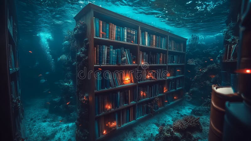 Submerged Library in Underwater Coral Reef Environment with Glowing ...