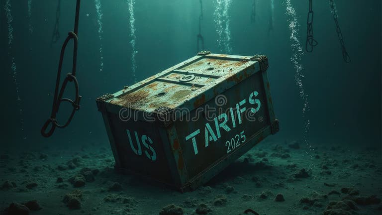 Submerged Metal Container with Us Tariffs 2025 Label in Underwater ...