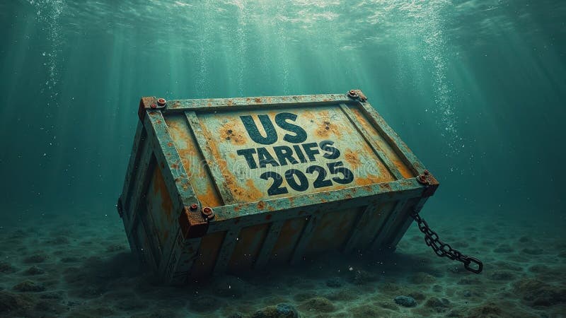 Submerged Metal Container with Us Tariffs 2025 Text Underwater Scene ...