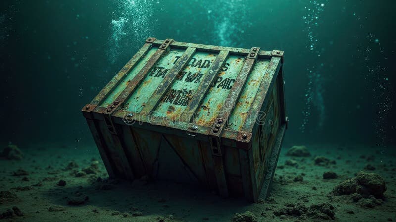 Submerged Rusty Wooden Crate at Ocean Floor with Bubbles and Rocks ...