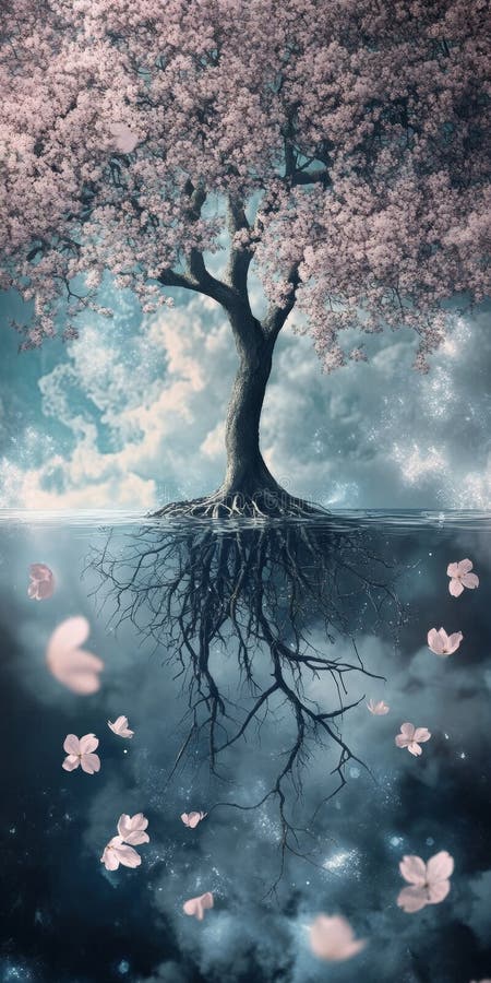 Submerged Sakura Tree, a Dreamlike Nature Scene Stock Illustration ...