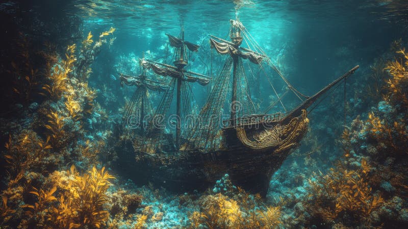 A Submerged Shipwreck, the Decayed Remains of an Ancient Sailing Vessel ...
