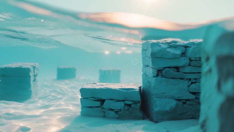 Submerged Stone Structures Under Water with Blue Ocean Background Stock ...