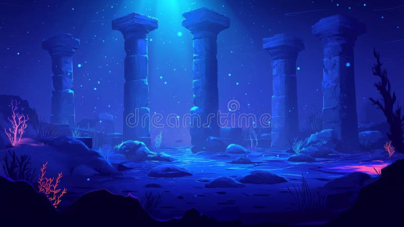 Submerged Underwater Ruins at Night Stock Illustration - Illustration ...