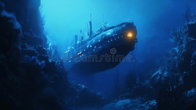Submerged Vessel in a Dark Blue Underwater Scene Stock Illustration ...