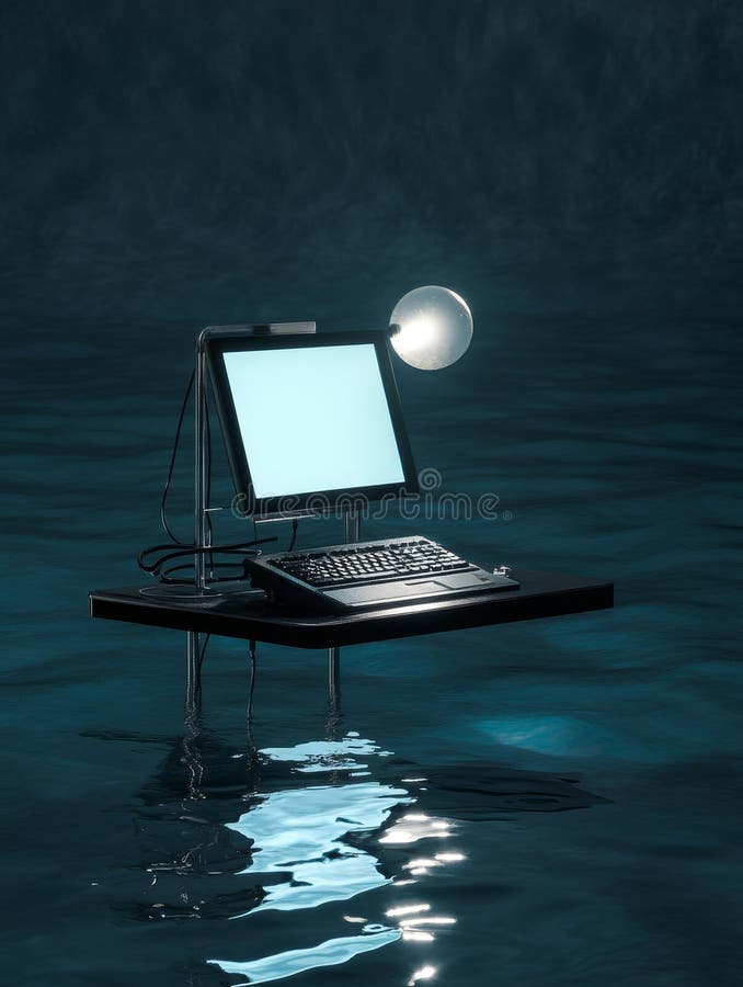 Submerged Workstation a Desktop Computer Keyboard and Lamp Float in ...