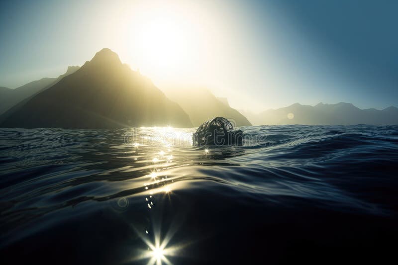 Submersible Approaching Underwater Mountain Range, with Sunlight ...