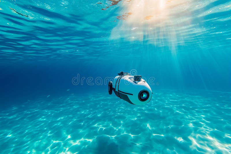 Submersible Drone Navigating through Clear Blue Water Illuminated by ...
