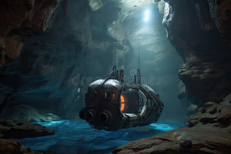 Submersible in Underwater Cave System, Surrounded by Towering Rock ...