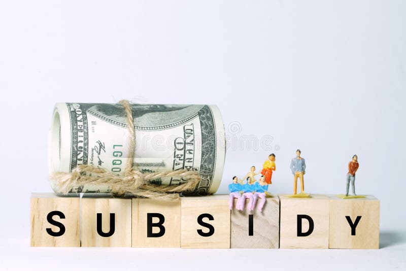 Subsidy Word Block with Fake Money and Miniature in Dramatic Way Stock ...