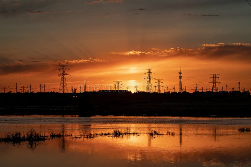 Substation Landscape Under the Setting Sun Stock Image - Image of ...