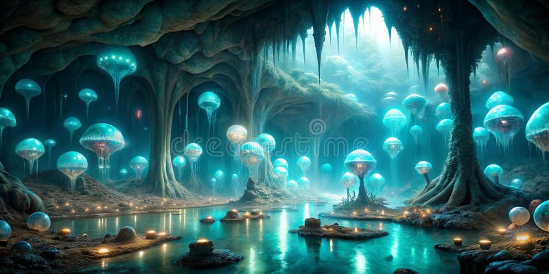 Subterranean Alien Colony Bioluminescent Structures Wide Cavern Soft ...