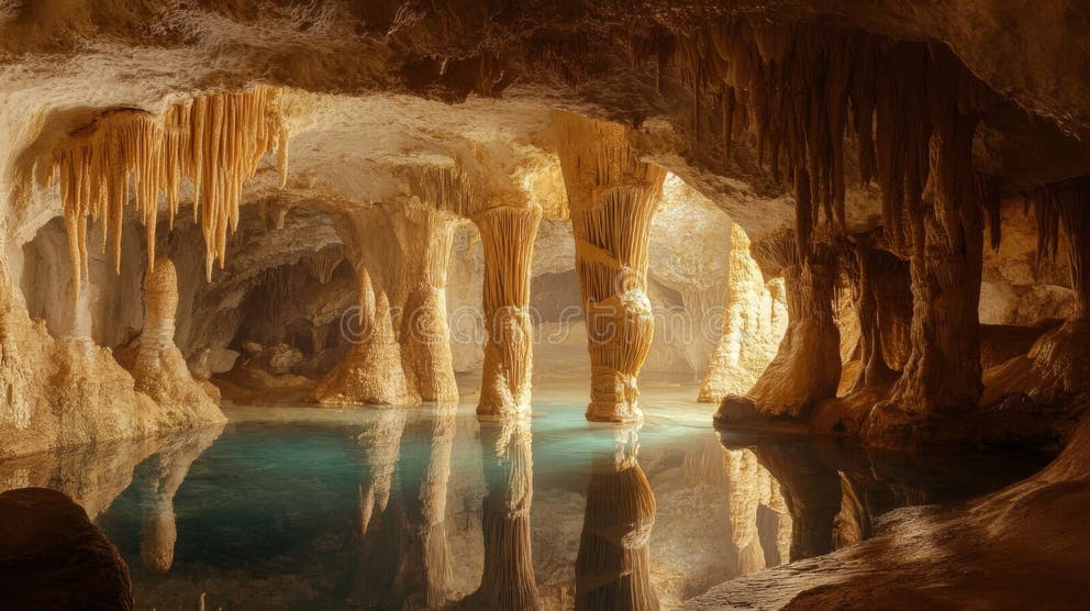 Subterranean Cave Pool with Golden Stalactites Stock Illustration ...