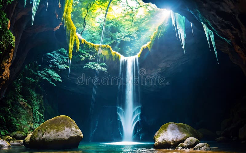 Subterranean Cave Waterfall S Hidden Beauty Stock Illustration ...